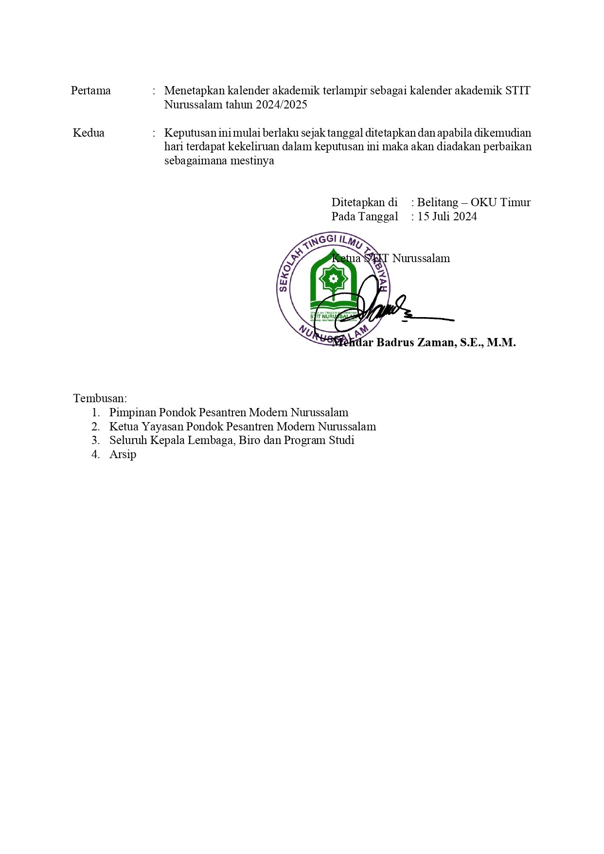 Kalender Akademik – Stit Nurussalam